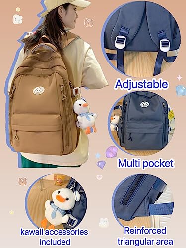 Romlvy Kawaii Backpack with Cute Accessories Classic Multi Pockets Large Capacity Daypack Practical Aesthetic Backpack (Black)