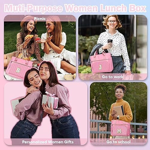QLOVEA Large Lunch Bag Lunch Box for Women - Personalized Initial Lunch Cooler Box for Work, Portable Lunchbox Insulated Lunch Bags with Side Pocket, Great Gifts Lunchbag for Office Picnics Letter L