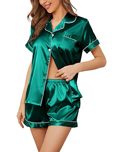 QLVKYW Women's Loungewear Sets Silk Sexy V Neck Button Down Satin Bridal Sleepwear Soft Shorts Pajama Set Green