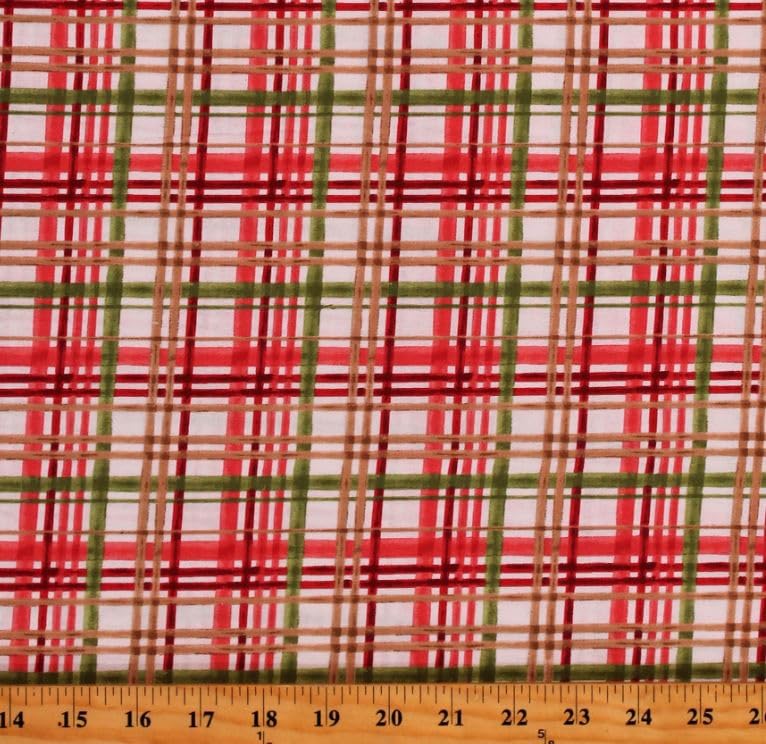 Cotton Winter Forest Red Green Brown Plaid on White Cotton Fabric Print by The Yard (16651-WHT-CTN-D) D505.54