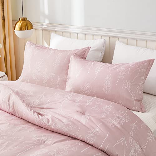 Litanika Pink Full Size Comforter Sets for Girls, 3 Pieces Cute Blush Floral Women Lightweight Bedding Comforter Sets, Flowers Soft Bed Set Gift Choice All Season (79x90In Comforter, 2 Pillowcases)