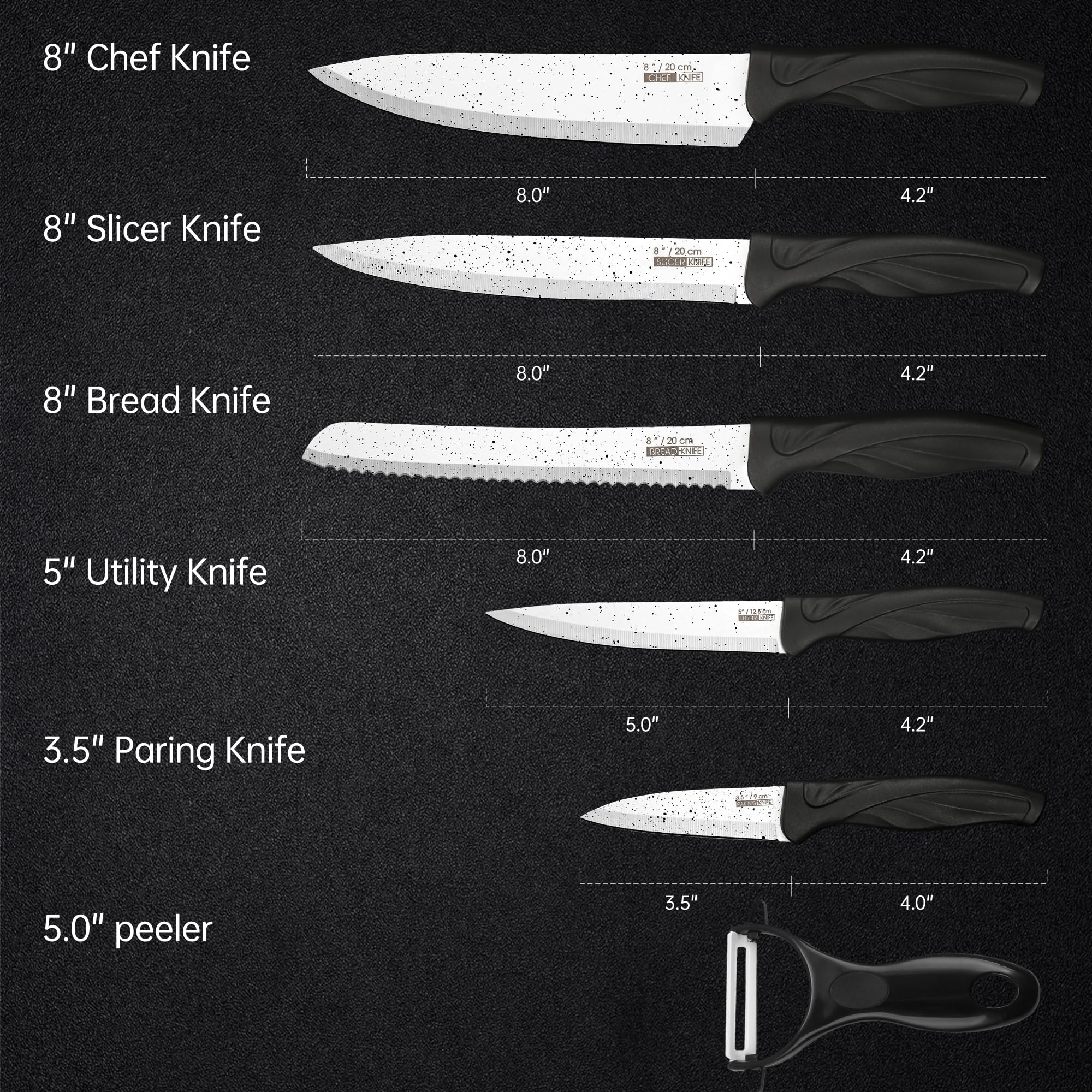 Meythway πππ²π₯π’π¬π‘ ππ‘π’ππ ππ§π€-ππ©π₯ππ¬π‘ππ Kitchen Knife Set - 6-Piece Razor Sharp Knife Set with Reducing Food Adhesion, Ergonomic Handles, Anti-Rust & Easy to Clean