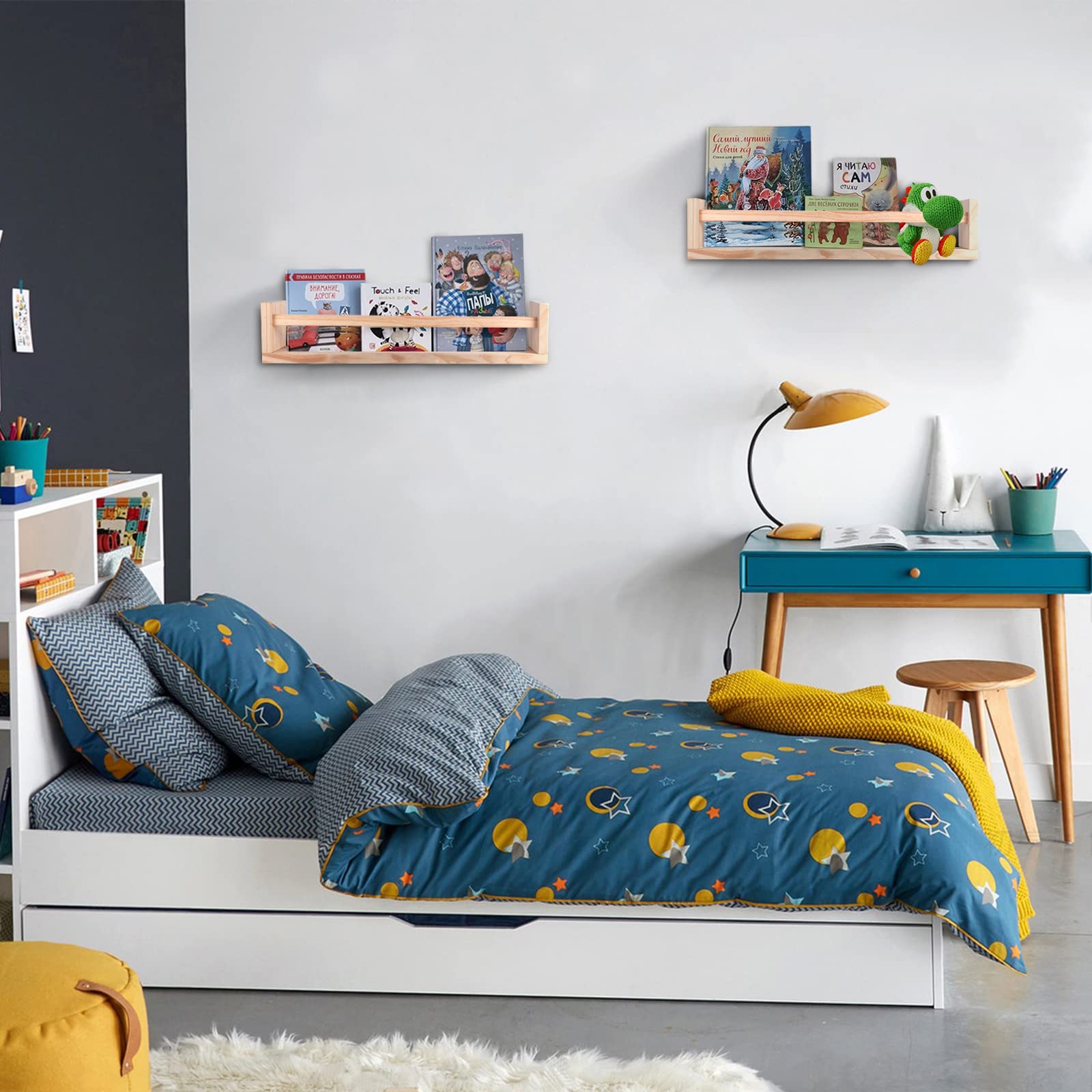 Dixryaus Wooden Floating Bookshelf, Wall Shelving, 2 PCS (Pine), Suitable for Children's Bedroom Bookshelf, Kitchen Spice Rack, Bathroom Decorative Wall Shelving.