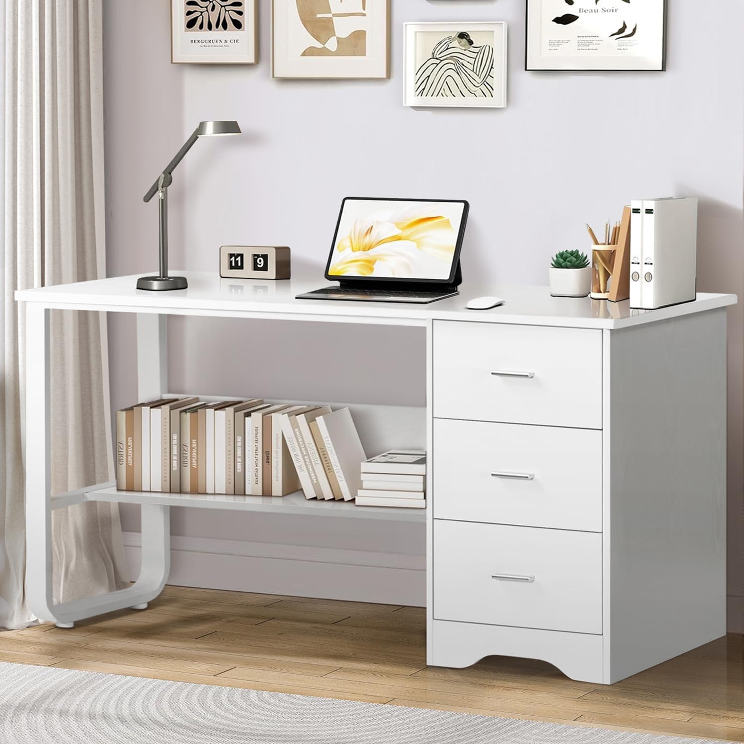 MaverickFurni White Desk with 3 Drawers, Small Desk with Stoage, Kids Desk for Bedroom, Study Desk with Bottom Shelf, White Wood Computer Desk for Home Office