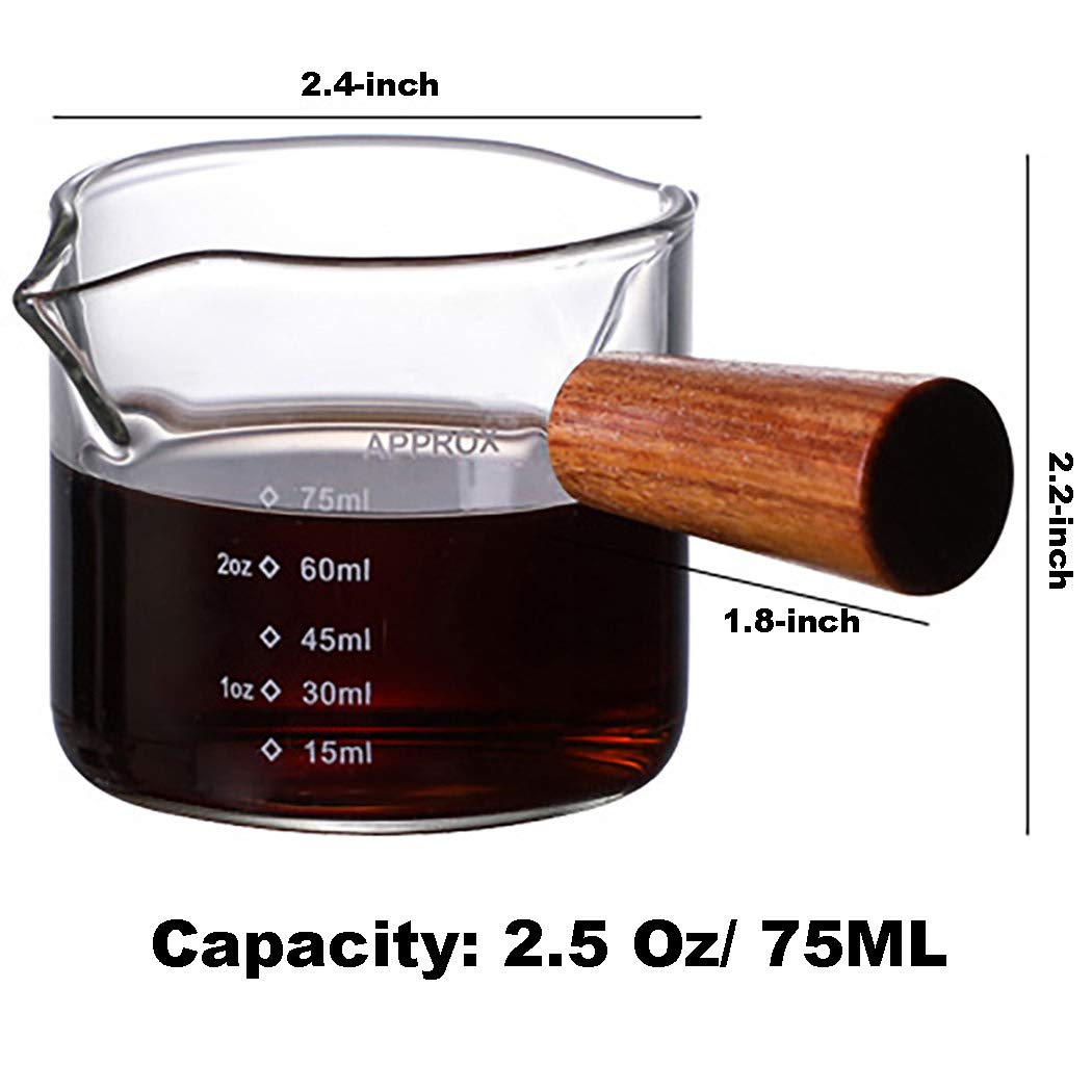 Dadamong 2-Pack Espresso Shot Glass 2.5-Ounce (75ML), Double Spouts Measuring Cup Triple Pitcher Mini Milk Cup with Wood Handle Glass Creamer for Coffee Tea Milk or Maple Syrup Serving