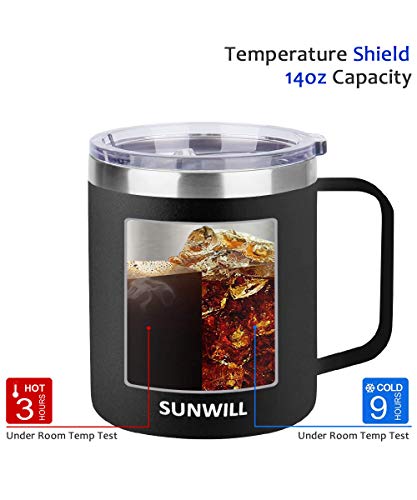 SUNWILL Coffee Mug with Handle, 14oz Insulated Stainless Steel Reusable Coffee Cup, Double Wall Coffee Travel Mug, Powder Coated Black