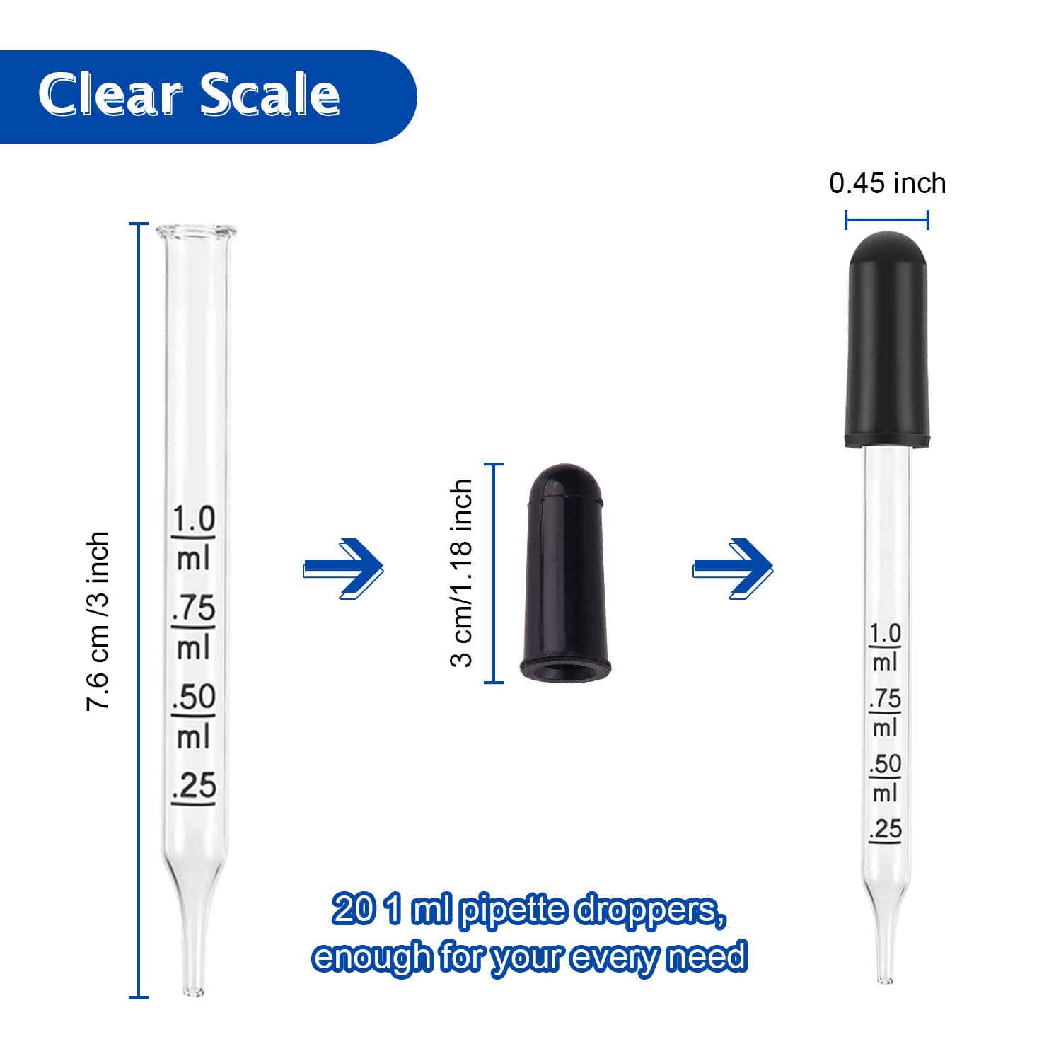 Dropper Bottle 20pcs Essential Oil Droppers Pipettes Straight Tip Calibrated Glass Droppers Blak Red Rubber Head, for Essential Oil Makeup Art,Nutrient Liquid ,Painting, Lab (1ml) (a-black straight)