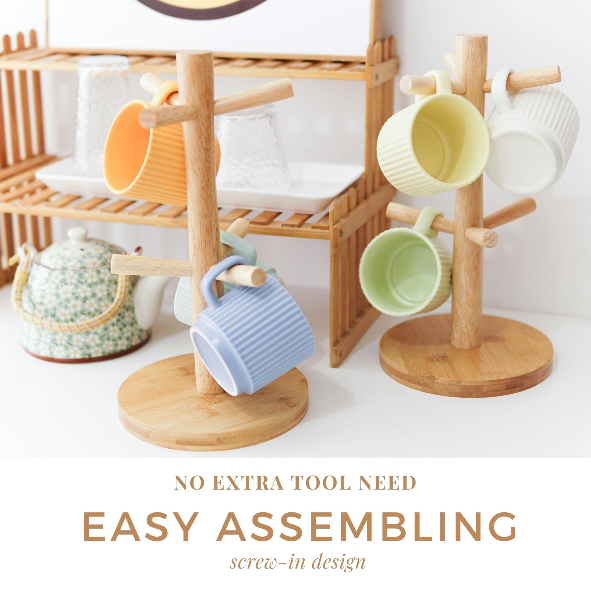 E-ROOM TREND Mug Holder 1 Pack Dia 6.7" Large Thicken Base Steady Wood Coffee Cup Rack with 6 Hooks Stand for Countertop Coffee Bar Accessories and Decor Coffee Organizer Station(MH171)