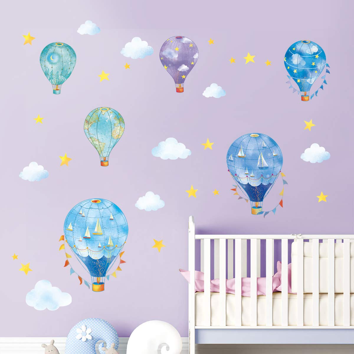 decalmile 6 Nautical Hot Air Balloons Wall Decals Stars Cloud Star Wall Stickers Baby Nursery Kids Bedroom Wall Decor(Size: 10"/6" H)