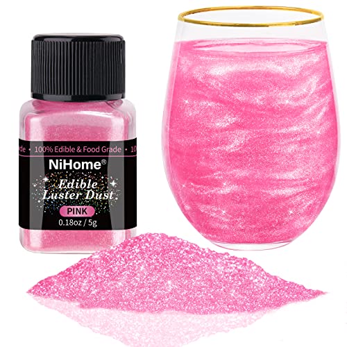 NiHome Edible Food-Grade Glimmer Powder Glitter Luster Dust Metallic Fancy Food Decorating Sprinkle Glimmery Brew Dust for Drink Wine Beverage Cake Candy Dessert Home Bakery Restaurant Vegan Allergen-Free (0.18oz/5g, Pink)