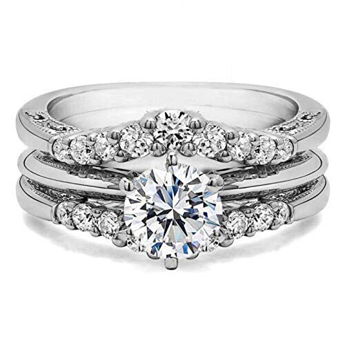 Elegant Touch 2 pcs Women's Round Brilliant Round Cut Diamond Solitaire Ring with Guard Enhancer Engagement,Wedding Rings Set (6.5)