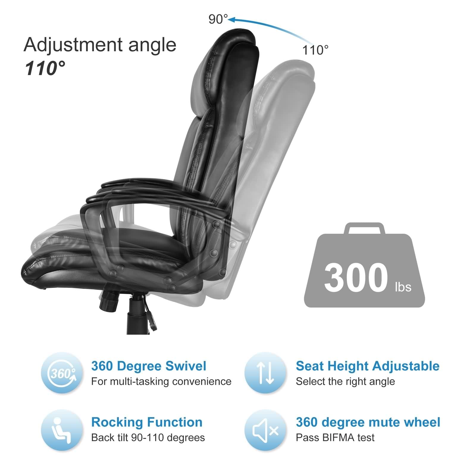 Daesar Office Desk Chair Pu Leather, Adjustable Height/Tilt, 360 Degree Swivel, 300Lbs, Black
