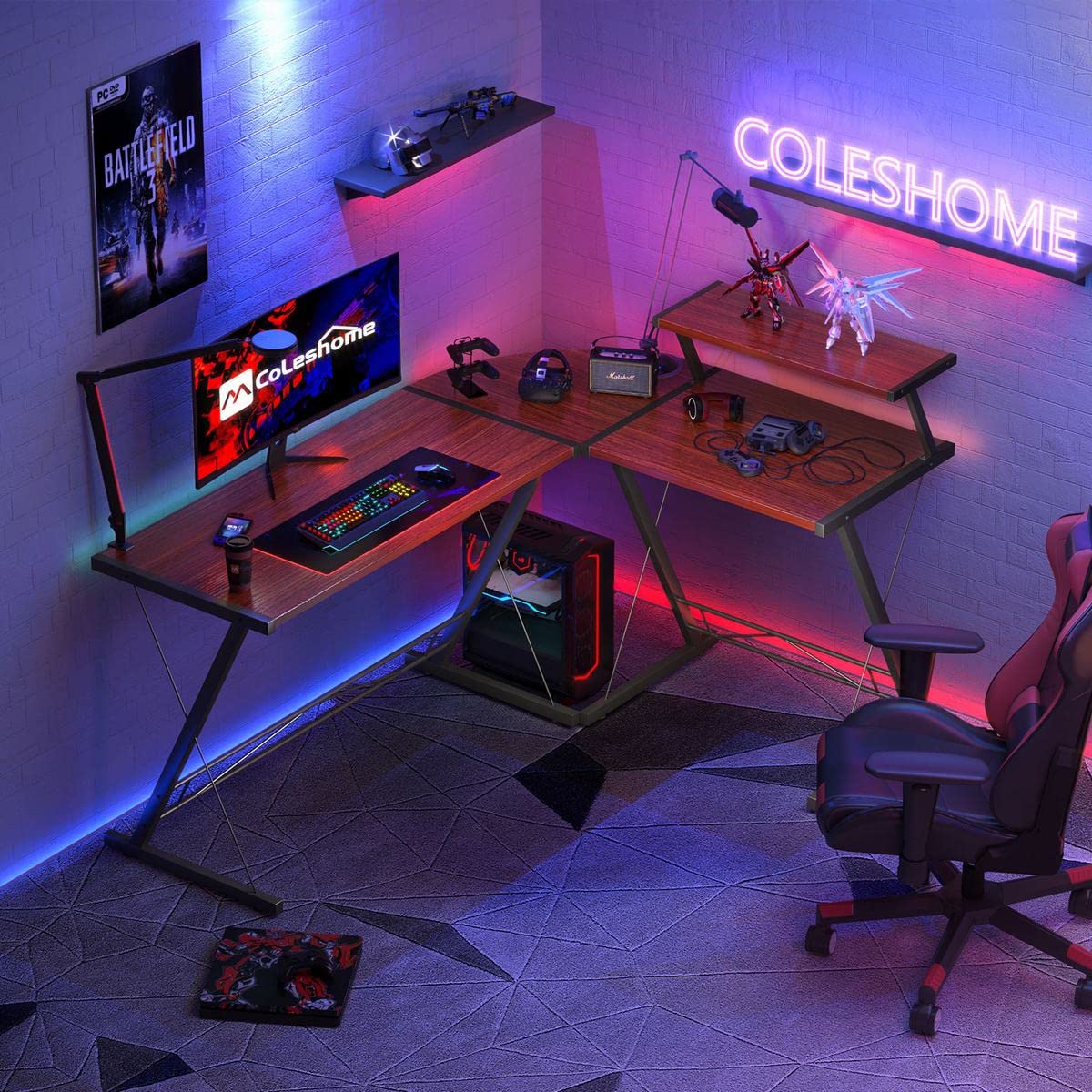 Coleshome Extra Large L Shaped Desk L Desk Gaming Computer Corner Desk with Round Corner with Monitor Stand for Gaming Desk Home Office Writing Workstation, Walnut.