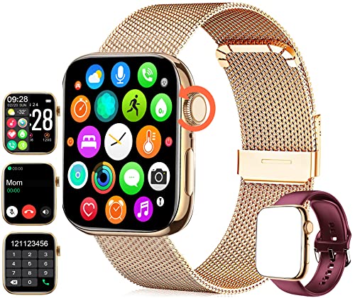 Smart Watch Answer Make Phone Calls /Voice Control for Android Phones Compatible iPhone Samsung IP67 Waterproof Fitness Watch with Blood Pressure SpO2 Heart Rate 28 Sports Fit for Women Men (Gold)