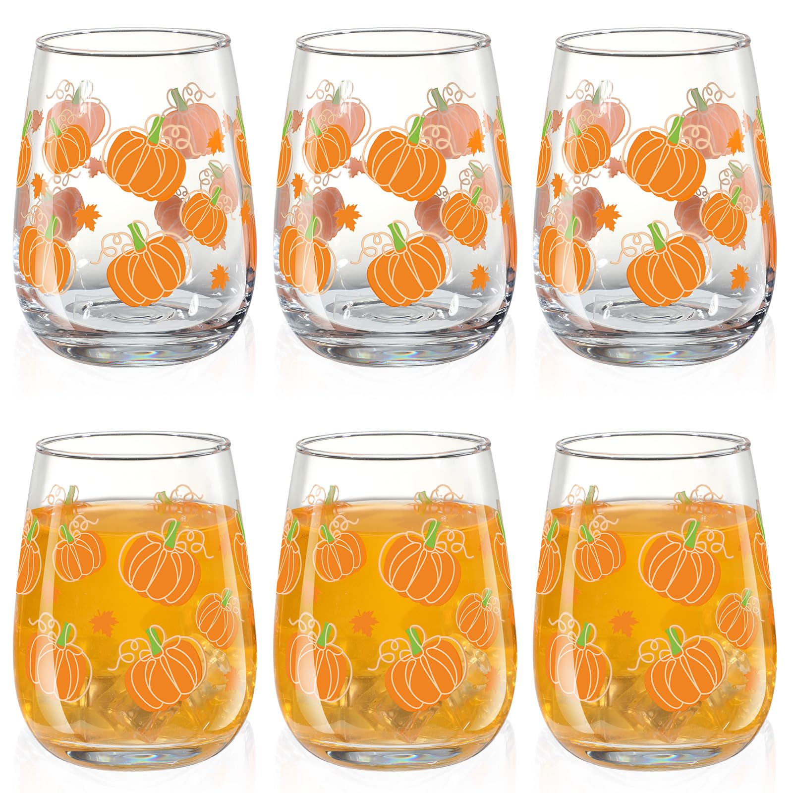 Maxcheck 6 Pack 18 oz Stemless Wine Glasses Red and White Wine Glass Set Clear Drinking Tumbler for Homes and Bars for Party Gift(Pumpkin)
