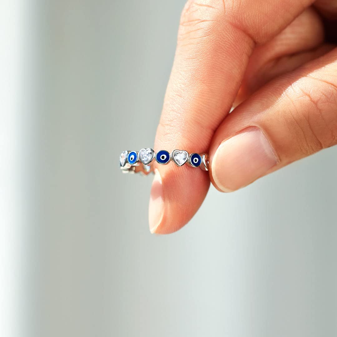 Fahm Tale Evil Eye Ring for Women 925 Sterling Silver Cubic Zirconia Stackable Band Rings Jewelry Valentines Gifts with Card and Gift Box, Size 5