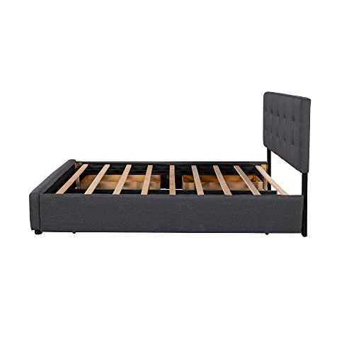 Queen Upholstered Platform Bed with 2 Storage Drawers and 1 Twin XL Trundle, Linen Fabric, Wood Bed Frame (Queen Size, Dark Gray)