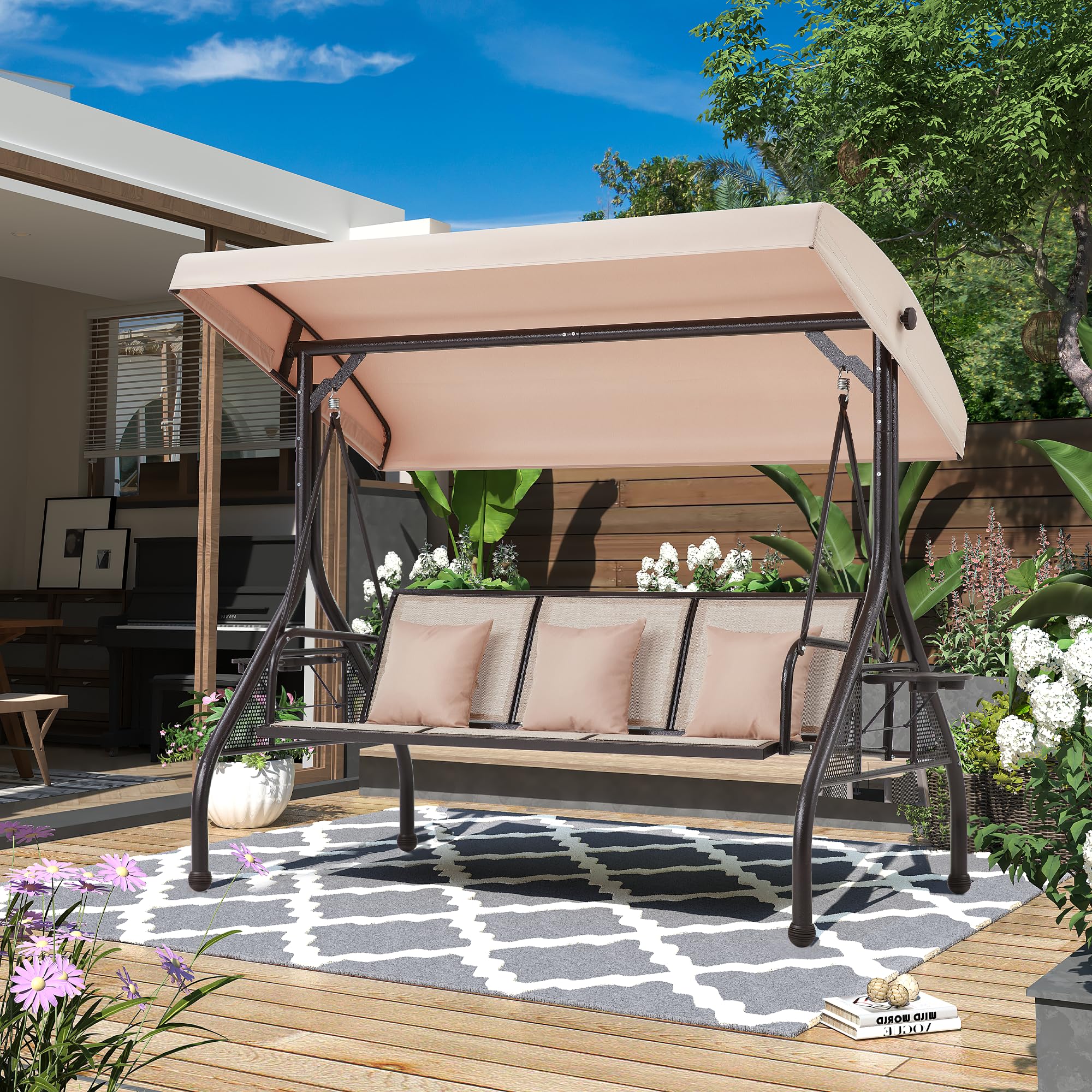 HOMREST Outdoor Porch Swing with Adjustable Canopy, Backrest, 3-Person Patio Canopy Swing Textilene Bed with Side Cup Holder, Pillow for Garden, Deck, Back Yard, Lawn (Khaki)