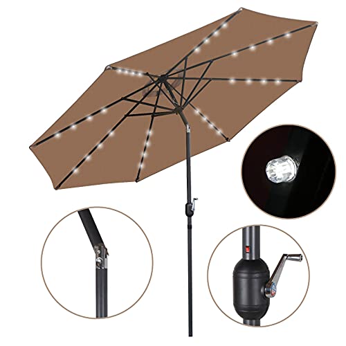 SUPER DEAL 10FT Patio Umbrella with 32 Solar LED Lights, Outdoor Large Table Umbrella with Tilt Adjustment and Crank for Market Garden Backyard Beach Poolside
