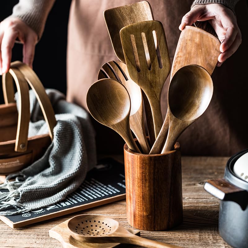 Deluxe Wooden Cooking Utensils Set of 9 - Complete Kitchen Utensils for Cooking with Storage Box & Spoon Holder - Durable and Nonstick Natural Wood Cookware-Wood Cooking Tools (Silver)