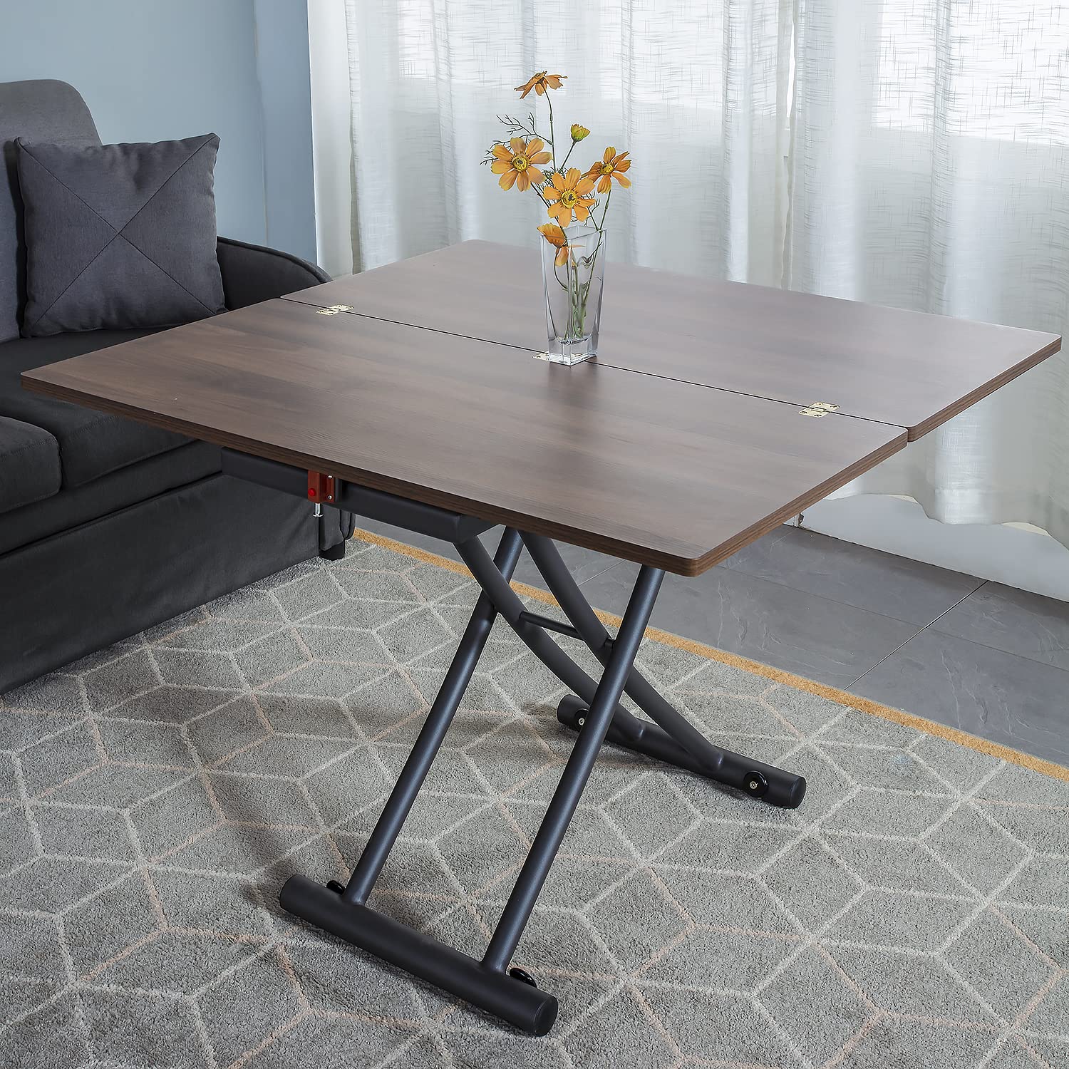 MYSELFLY Living Room Dinning Tables Folding Metal Lift Bracket Multifunction Transform Dinner Kitchen Coffee Tea End Table in Home Wood Desktop Design 40x35 Walnut