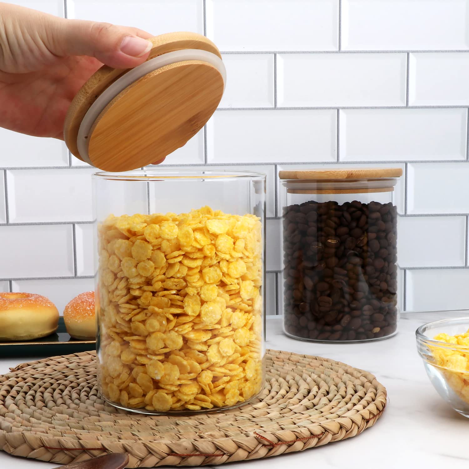 Datttcc 6 Pack Glass Food Storage Jars,27oz Glass Jars with Airtight Bamboo Lids for Pantry Organization and Storage, Suit for Kitchen Canning Cereal,Candy,Cookie,Flour,Coffee and More