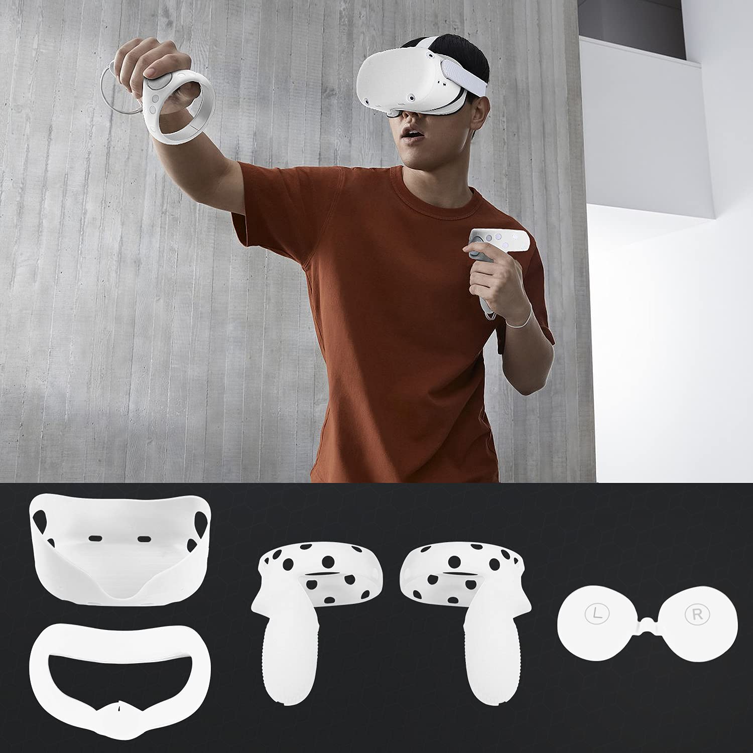 Colohas VR Cover Oculus Quest 2 Accessories, with Front Head Cover, Lens Protactor Cover, Anti-Throw Controller Grip Cover, Silicone Face Cover Sweat Guard Anti-Leakage Cushion Pad(White)
