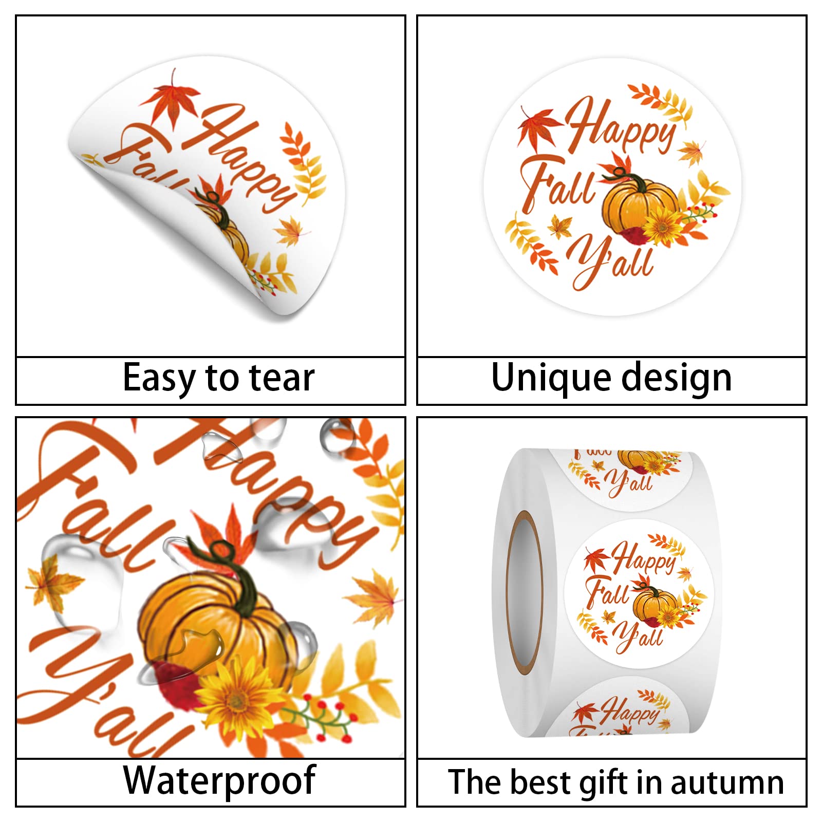 Heyfibro 500 PCS Happy Fall Y'all Stickers, 1.5 Inch Thanksgiving Stickers Label for Packing, Party, Bags, Boxes(Pumpkin)