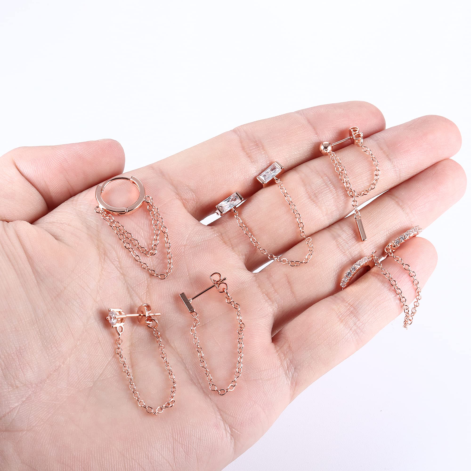 Drperfect 6 Pairs Chain Stud Earrings for Women CZ Dangle Earrings Copper Ball Stud Earring Bar Stud Earrings Huggie Hoop Piercing Earrings