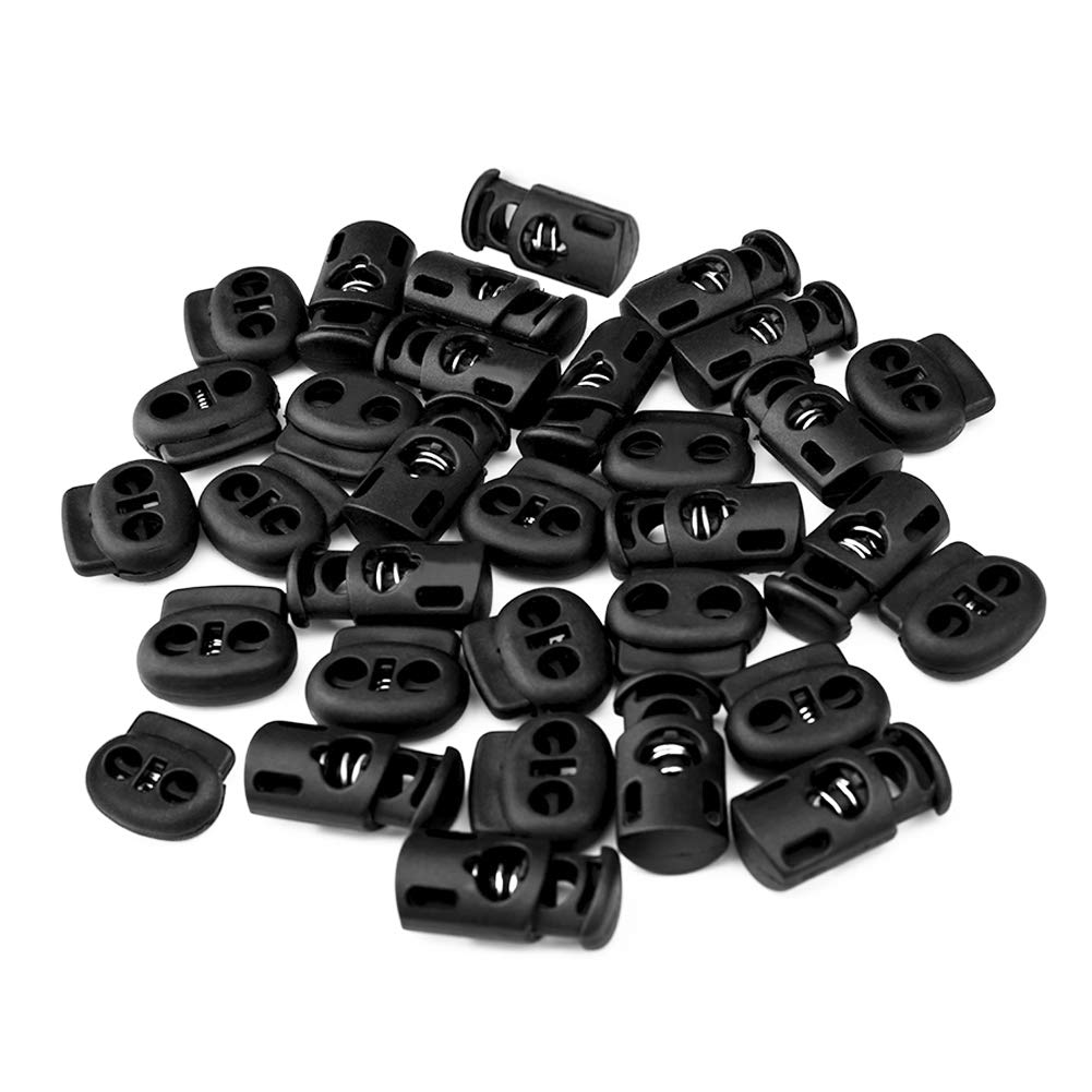 CousDUoBe 30 Pcs Plastic Cord Locks End Spring Stopper,Suit for Drawstrings, Bags, Shoelaces, Clothing, More (15 Double-Hole, 15 Single-Hole, Black