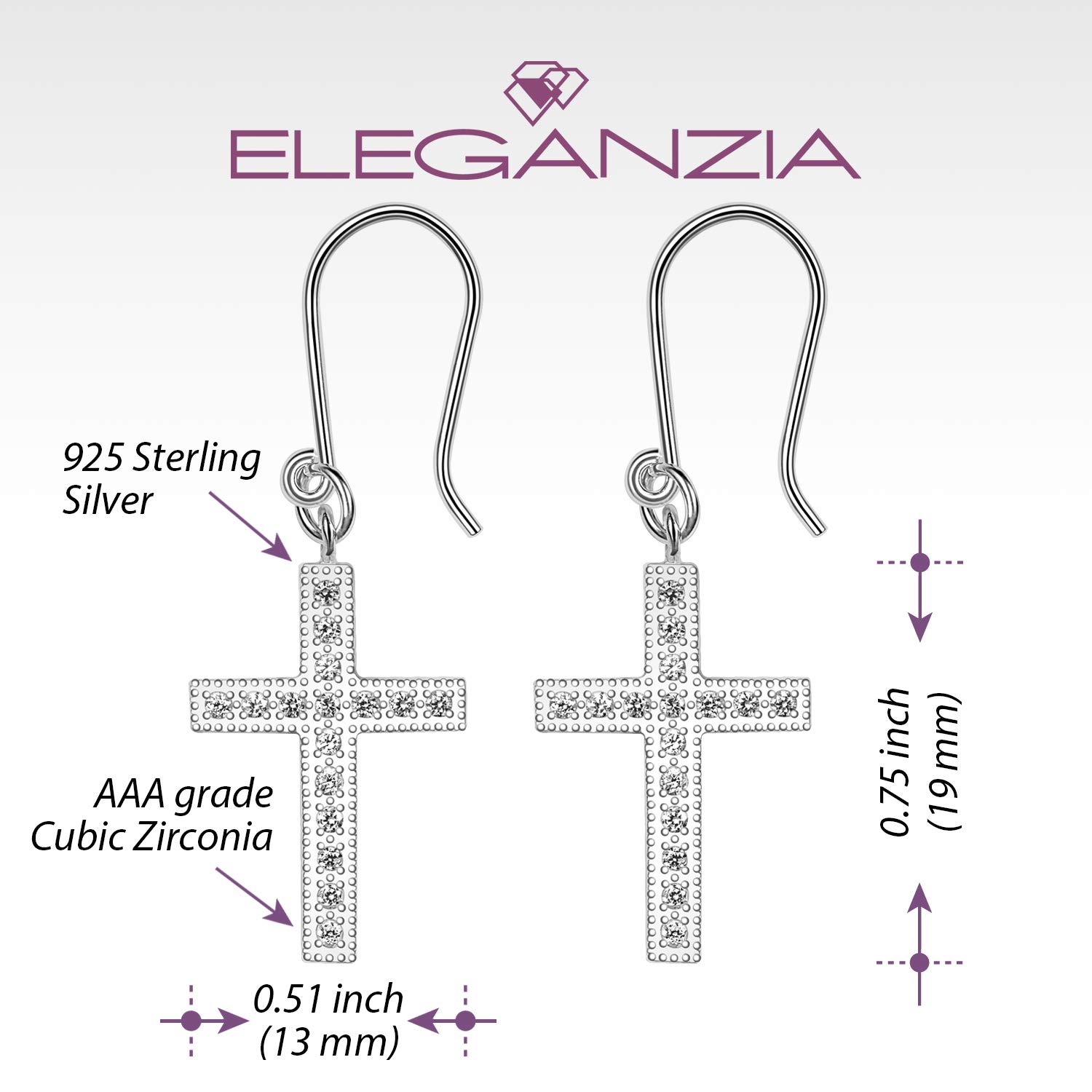 ELEGANZIA Dangle Cross Earrings for Women Sterling Silver Cubic Zirconia Christian Religious Minimalist Jewelry