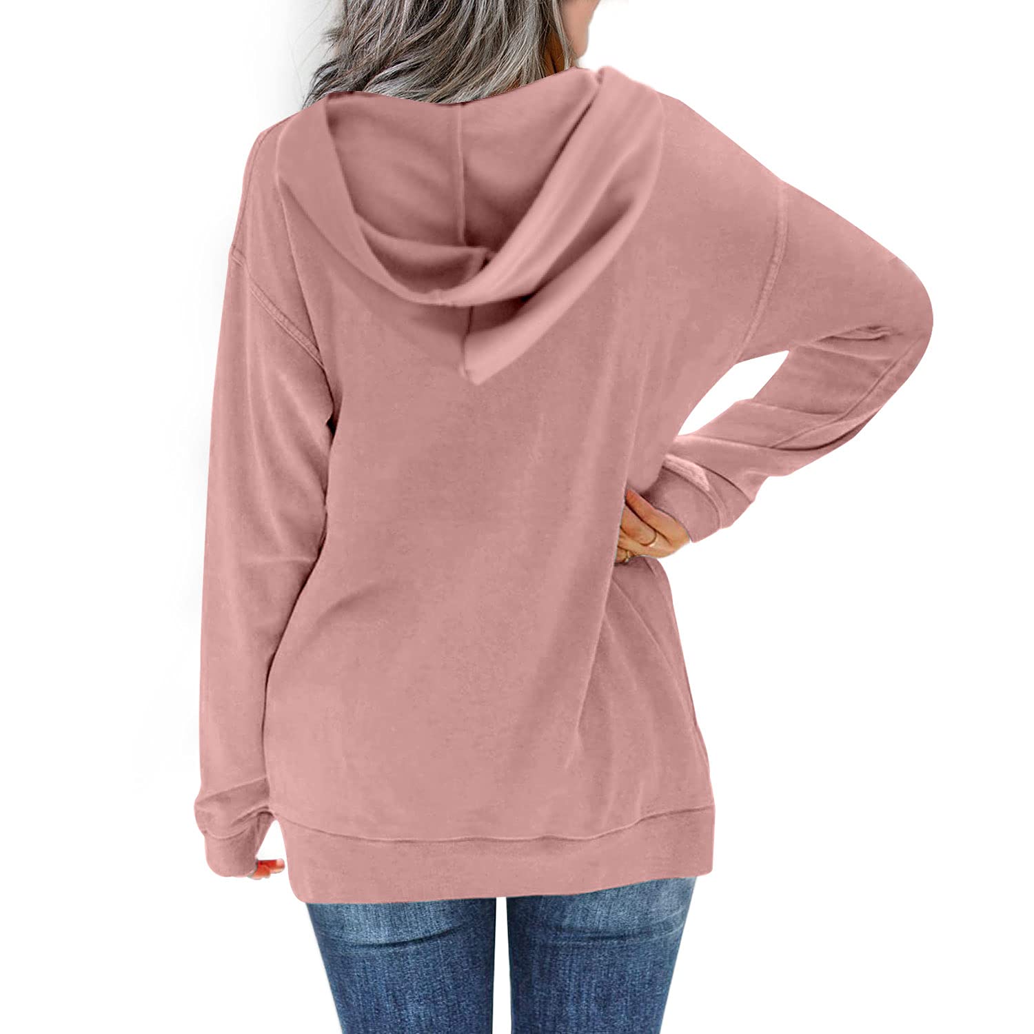 Davenil Womens Hoodies Sweatshirts Casual Long Sleeve Button Up Pullover Drawstring Loose Tops with Pockets Pink Size L