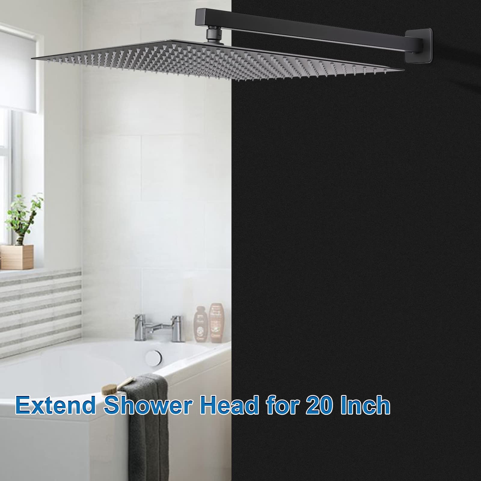 HarJue Shower Arm, Rain Shower Head Extension Extender, With Flange and Teflon Tape, Made of Thicken Stainless Steel for Bathroom Rainfall Showerhead (20 Inch, Matte Black)