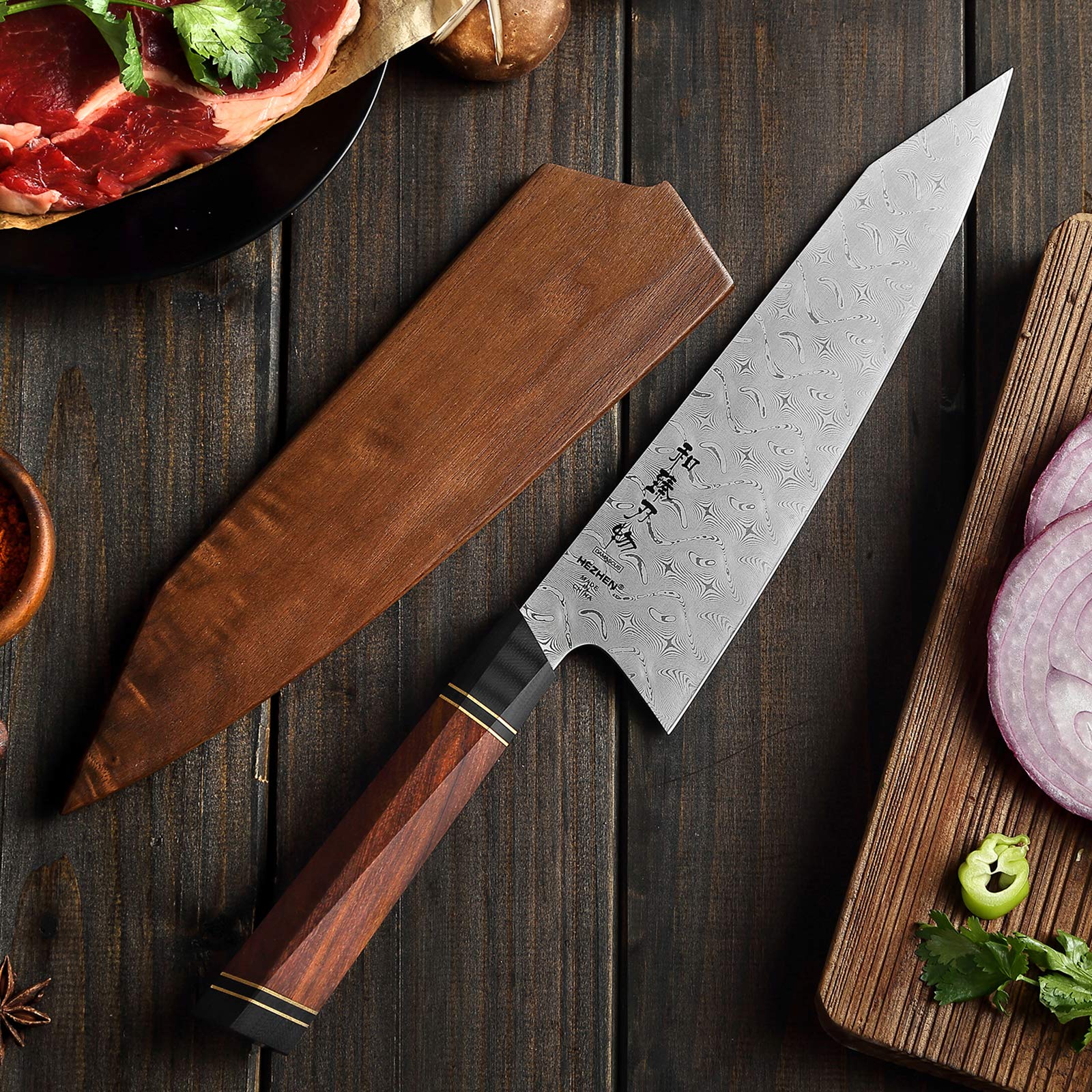 HEZHEN- 8.5" Chef Knife, 110 Layers Full Damascus Steel ,Japanese Style Kiritsuke Kitchen Knife, Gyuto Octagonal Handle, Magnetic Wooden Sheath Case Wooden Box