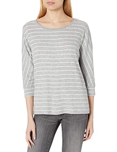Daily Ritual Women's Cozy Knit Rib Dolman 3/4-Sleeve Sweatshirt, Grey Heather/White, Stripe, Medium