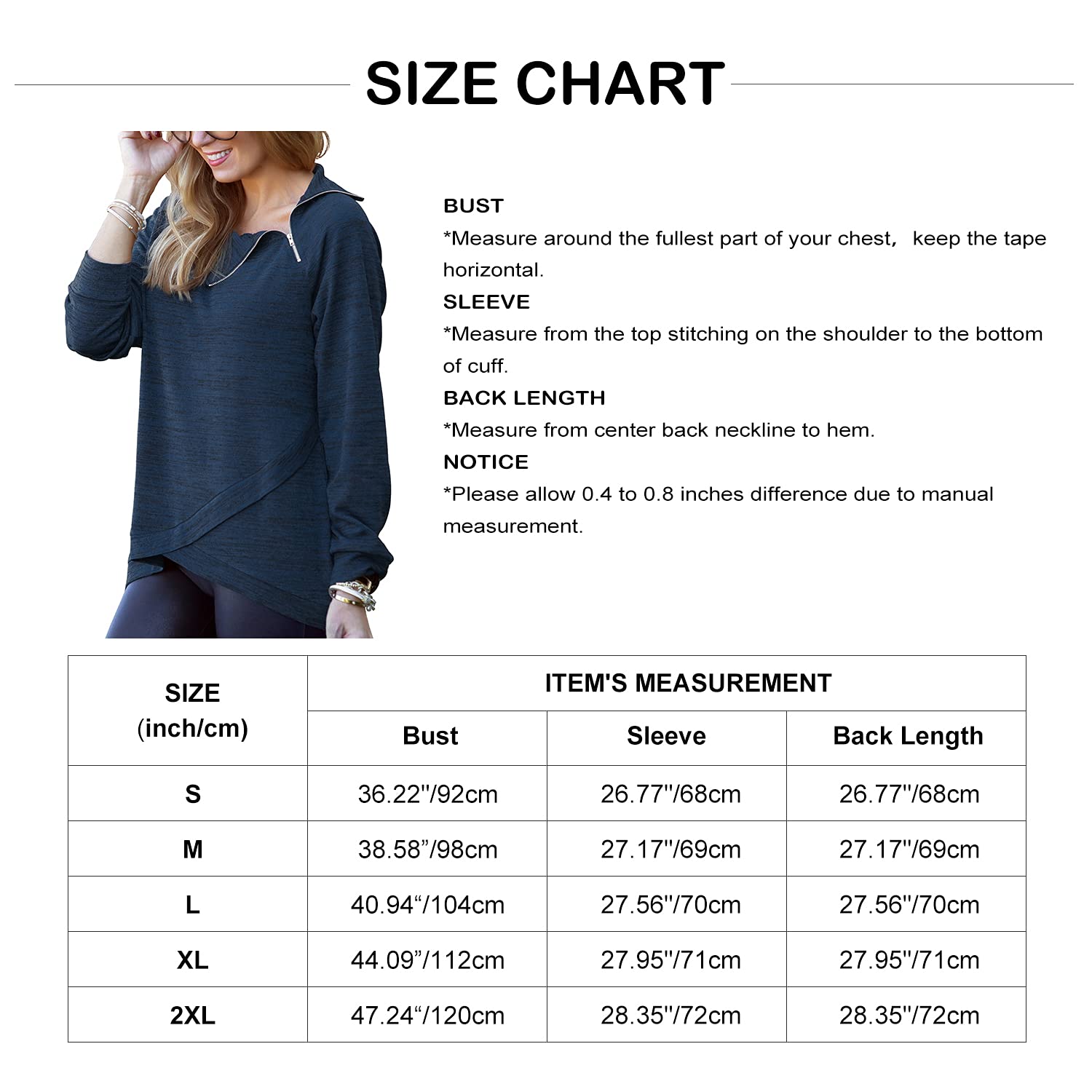 Davenil Women's Long Sleeve Pullover Tops Lightweight Cute Turtleneck Oblique Quarter Zip Sweatshirts with Irregular Hem Navy Size S