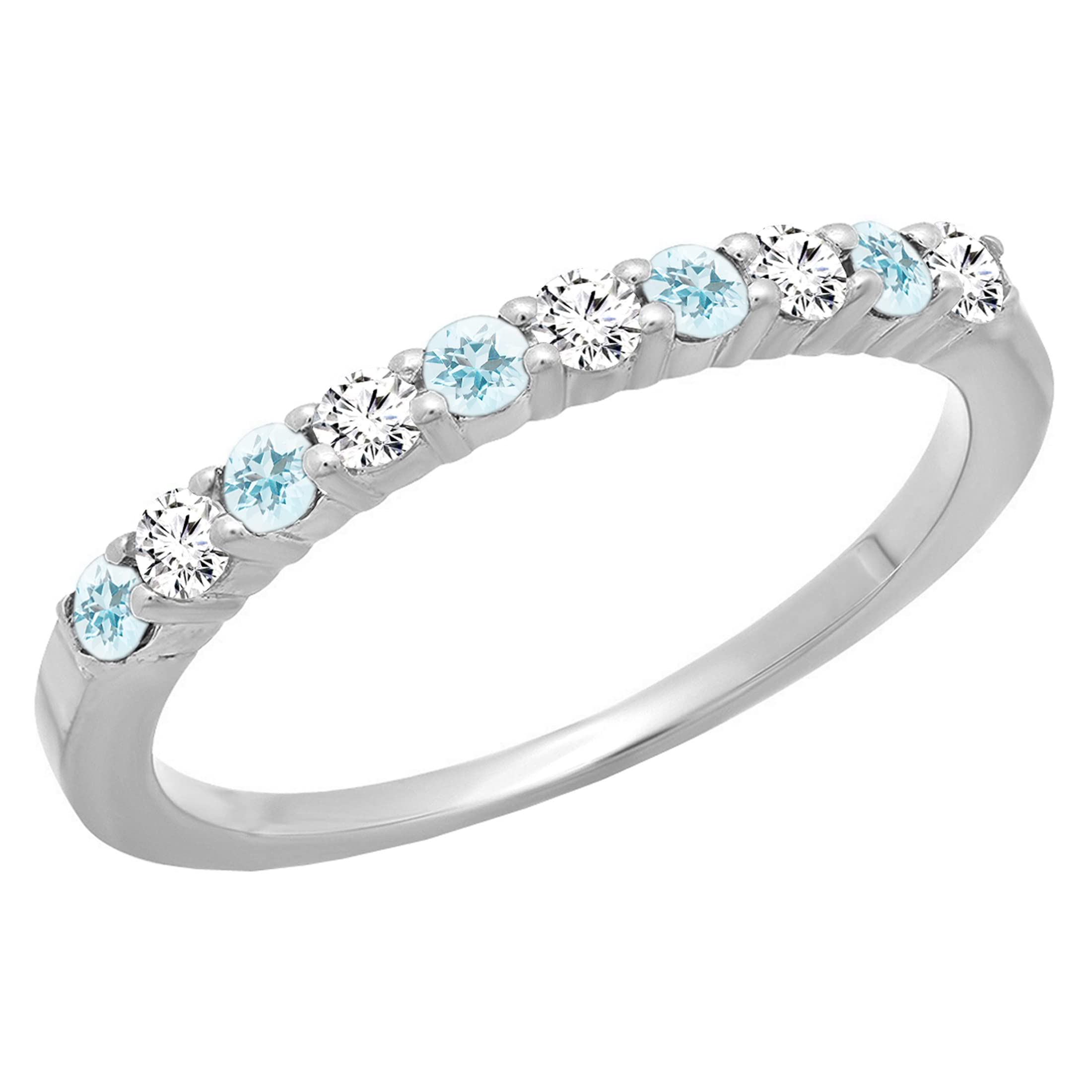 Dazzlingrock Collection 2mm Alternate Round Aquamarine & White Diamond Stackable Wedding Band for Women in 14K White Gold, Size 8