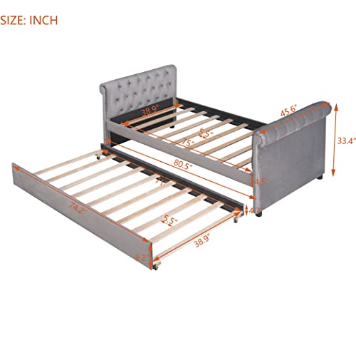 LCH Twin Size Daybed, Upholstered Daybed with Trundle, Wood Daybed Twin Size, Sofa Bed for Bedroom,Livingroom, Wood Slat Support Day Bed Frame,Easy Assembly,No Box Spring Needed,Grey