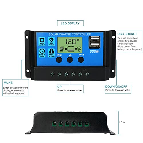 Jahy2Tech 100A Solar Charge Controller Solar Panel Battery Intelligent Regulator with Dual USB Port 12V/24V PWM Auto Paremeter Adjustable LCD Display(Blue) (1)