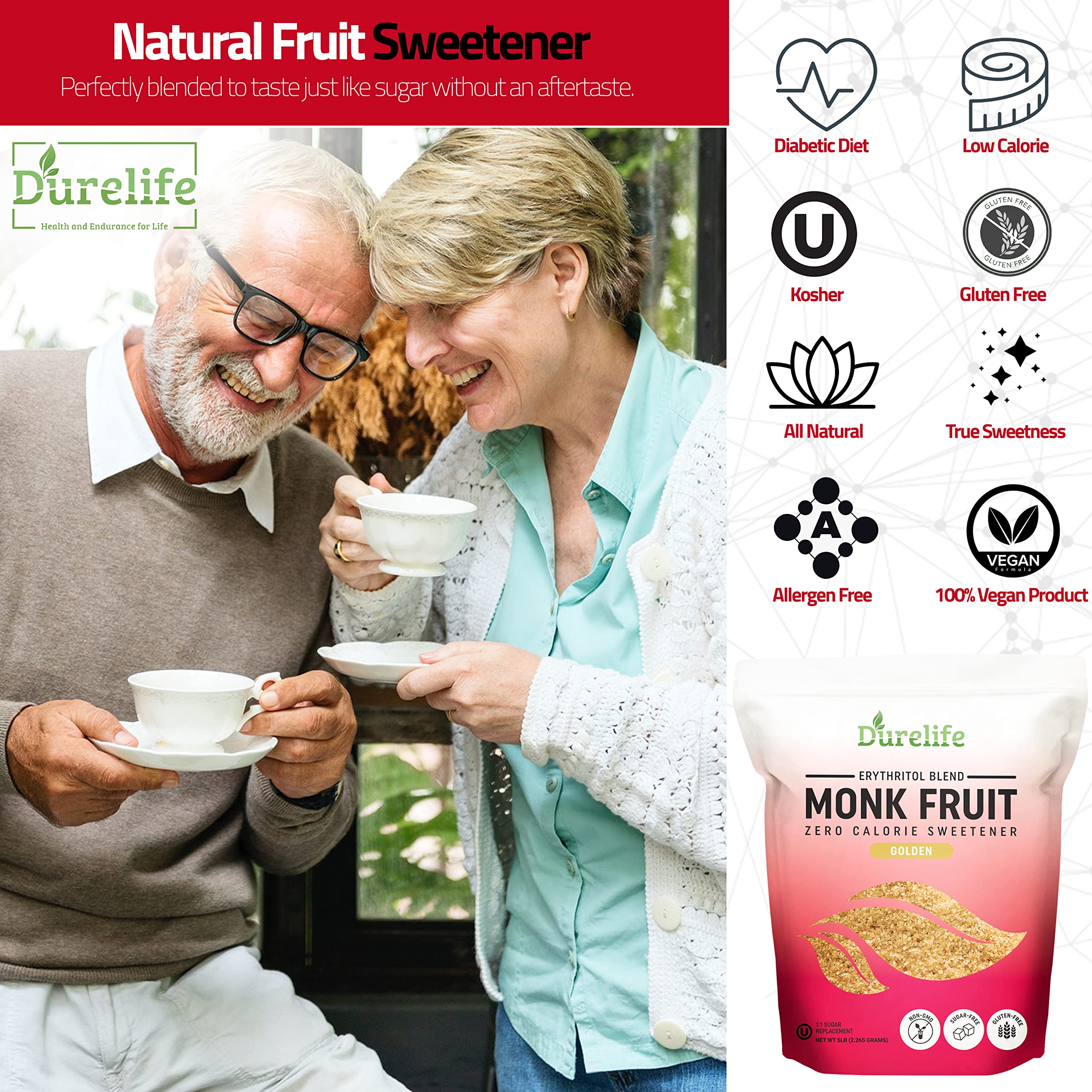 Durelife Golden Monk Fruit Sweetener, 1:1 Sugar Replacement, Keto Diet Friendly, Zero Calorie, Kosher Sugar Substitute Crystal, Golden - 5 lb Bulk Size (Packaging May Vary)