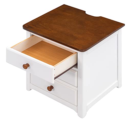 Flieks Wooden Nightstand with USB Charging Ports and Three Drawers,End Table for Bedroom,White+Walnut
