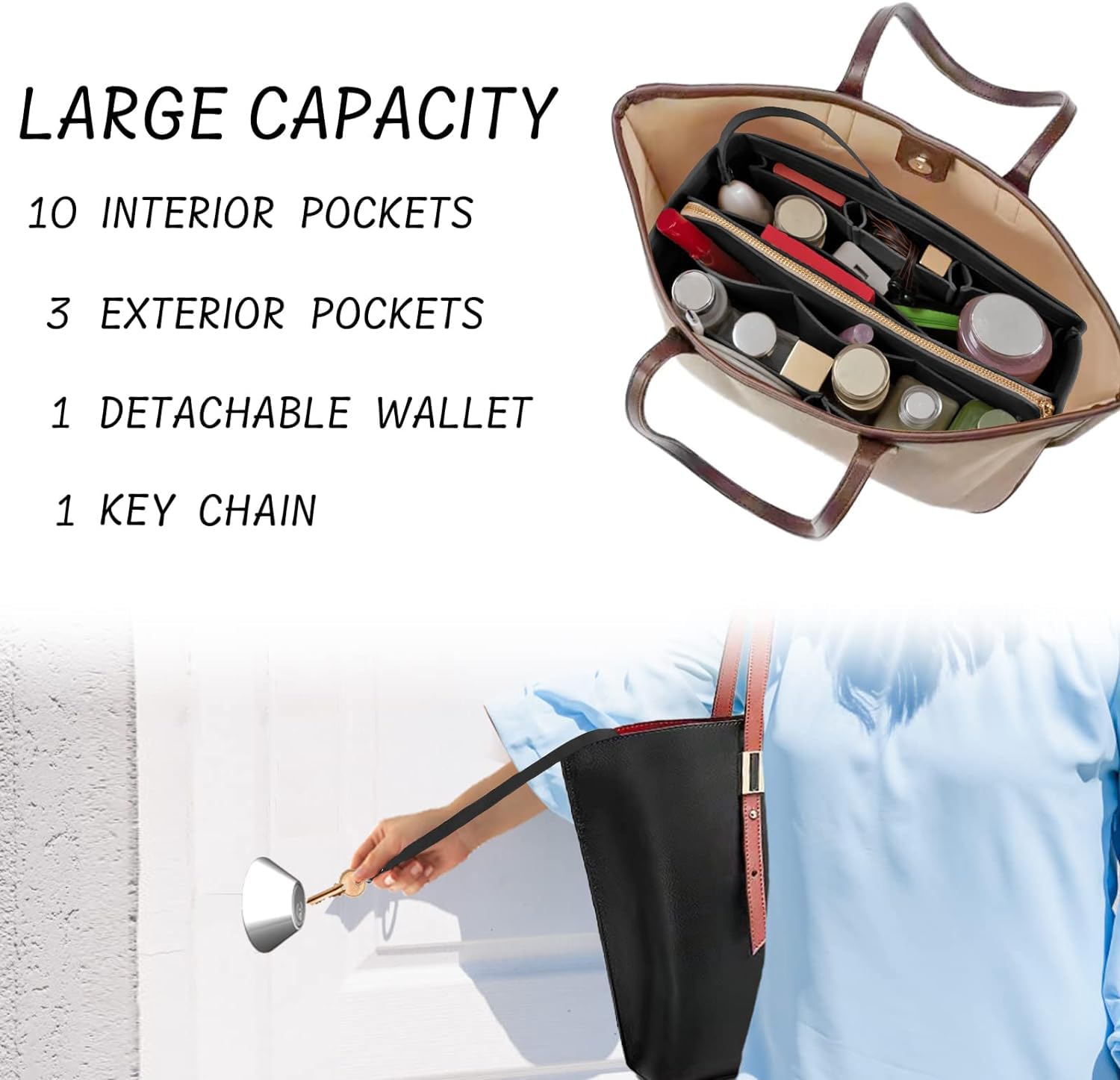 DailyPlus Purse Organizer Insert with Zipper Felt Bag Organizer Handbag Organizer Insert Bag in Bag Organizer with Key Chain for Tote Purse Bag Black Small