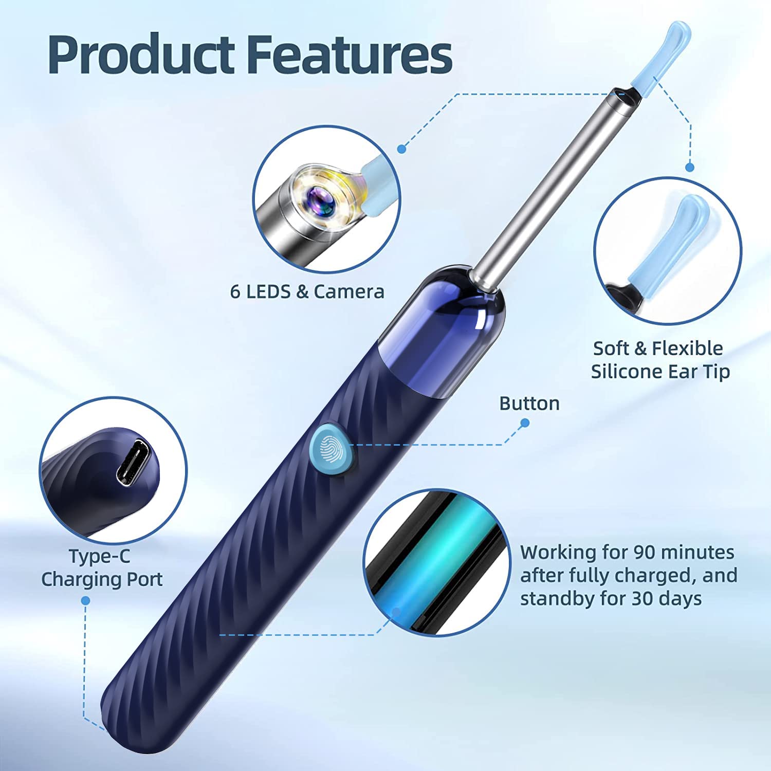 Ear Wax Removal, Ear Cleaner with Camera with 1080P, Otoscope with Light, Ear Wax Removal Kit with 6 Ear Pick, Ear Camera for iPhone, iPad, Android Phones (Blue)