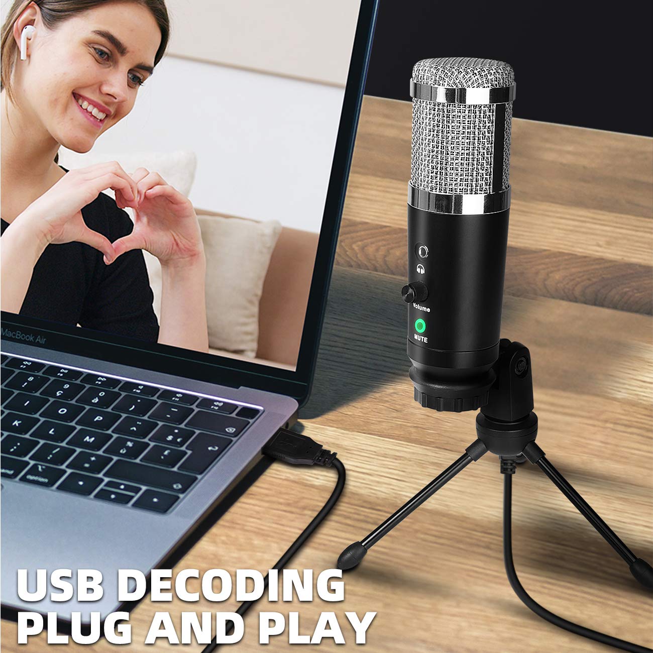 Depusheng USB Mic for Recording Remote Work, Online Class,Game,and Streaming on PC and Mac, Headphone Output and Volume Control, Metal Condenser Computer Recording Microphone,Plug and Play,Black