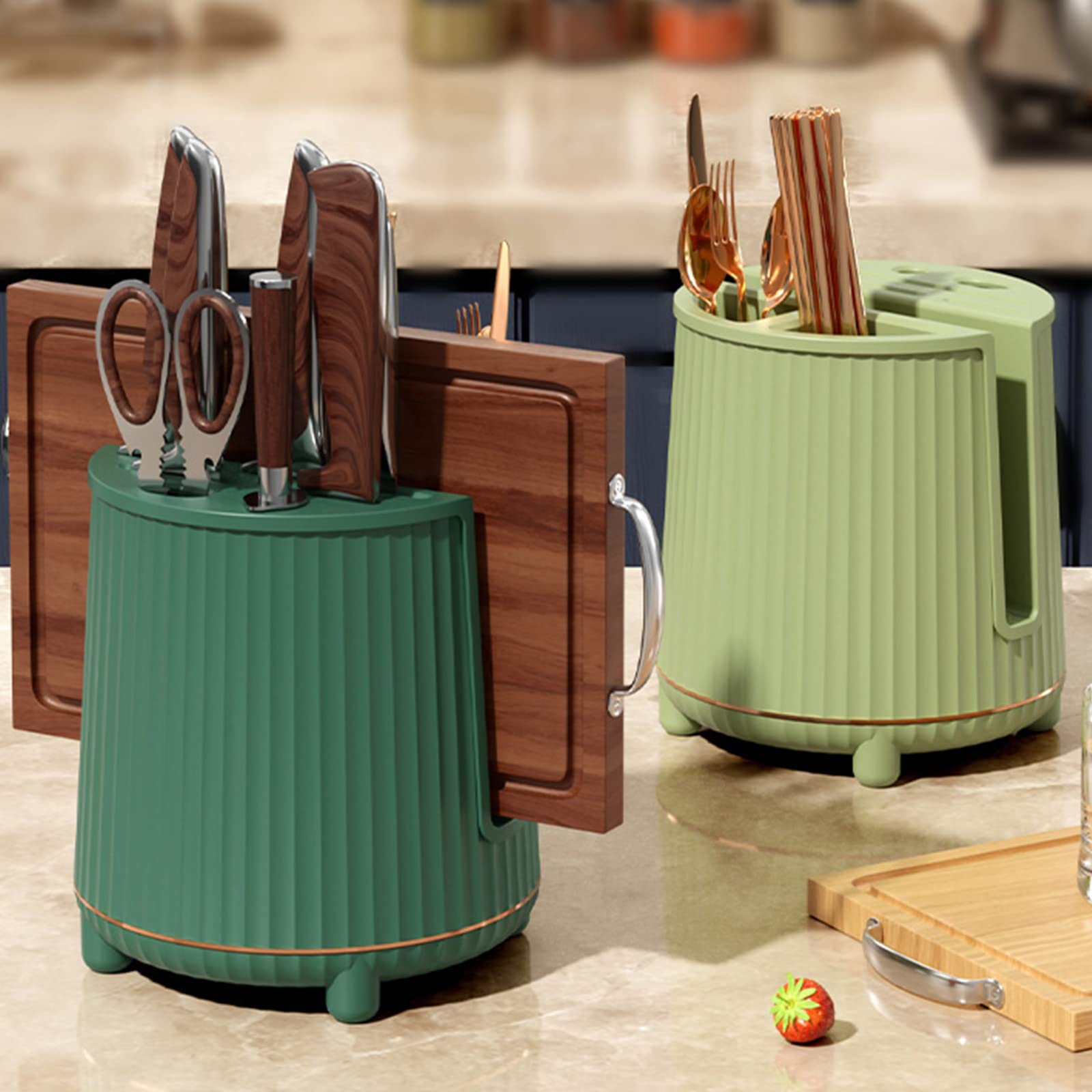 HGUIM Rotating Spoon Fork Knife Rack Knife Block Holder and Cutting Board Organizer with Drain Tray Multi-Function Round Kitchen Utensil Caddy for Countertop