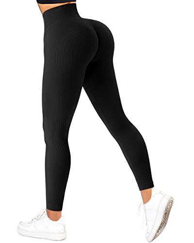 SUUKSESS Women Ribbed Seamless Leggings High Waisted Tummy Control Workout Yoga Pants (Black, L)