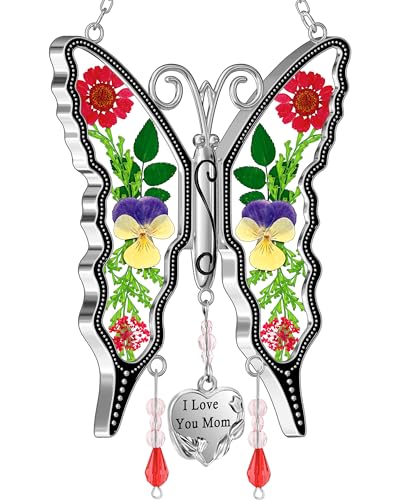 KY&BOSAM Butterfly Suncatcher Mother`s Day Gift I Love You Mom Stained Glass Suncatchers Hanging Ornament for Window Wind Chime Gifts for Mother`s Day Valentine`s Birthday Christmas Dream Catchers