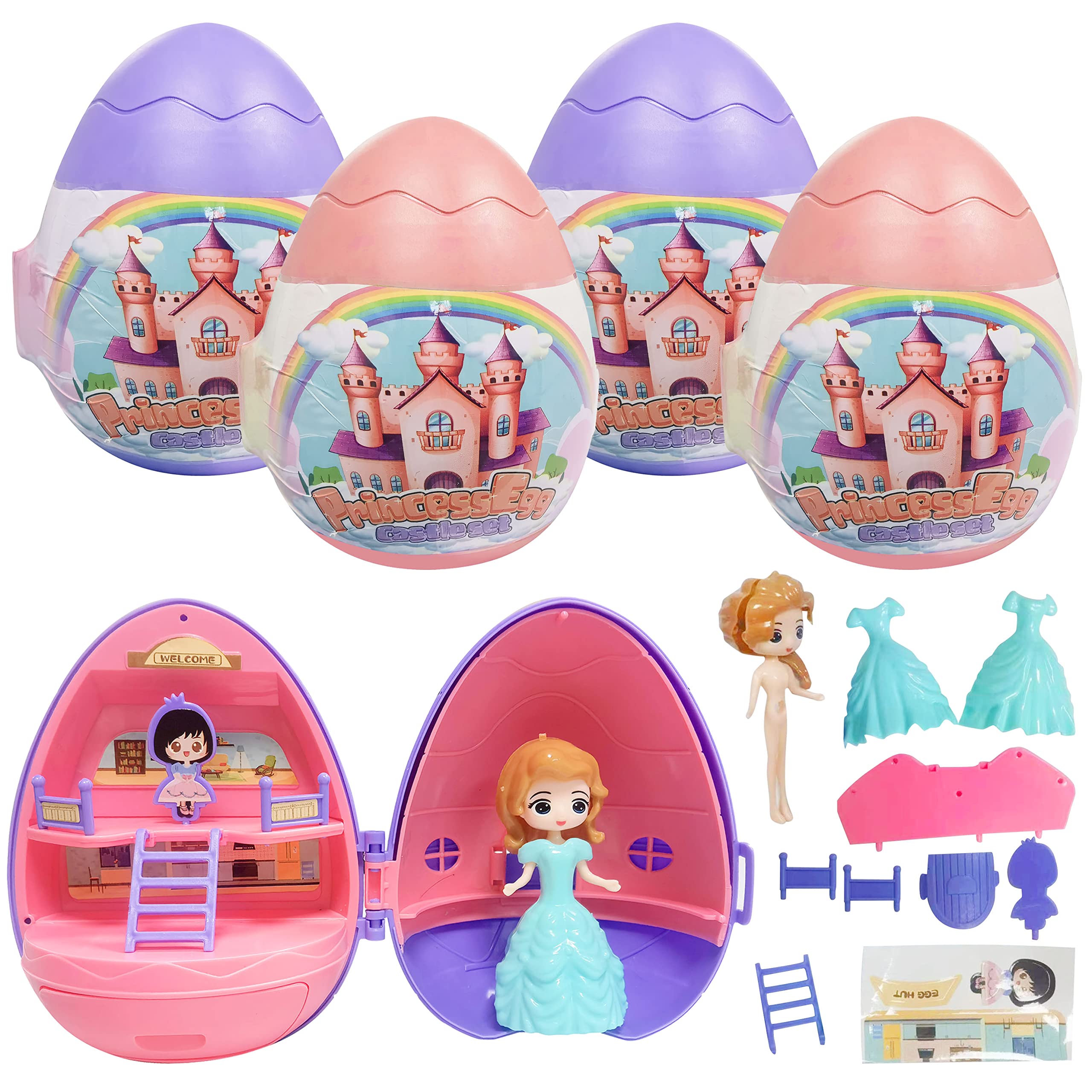 Holydeck 4 Pack Jumbo Princess Prefilled Eggs with Educational Toys Inside for Kids Girls Party Favors Easter Basket Fillers