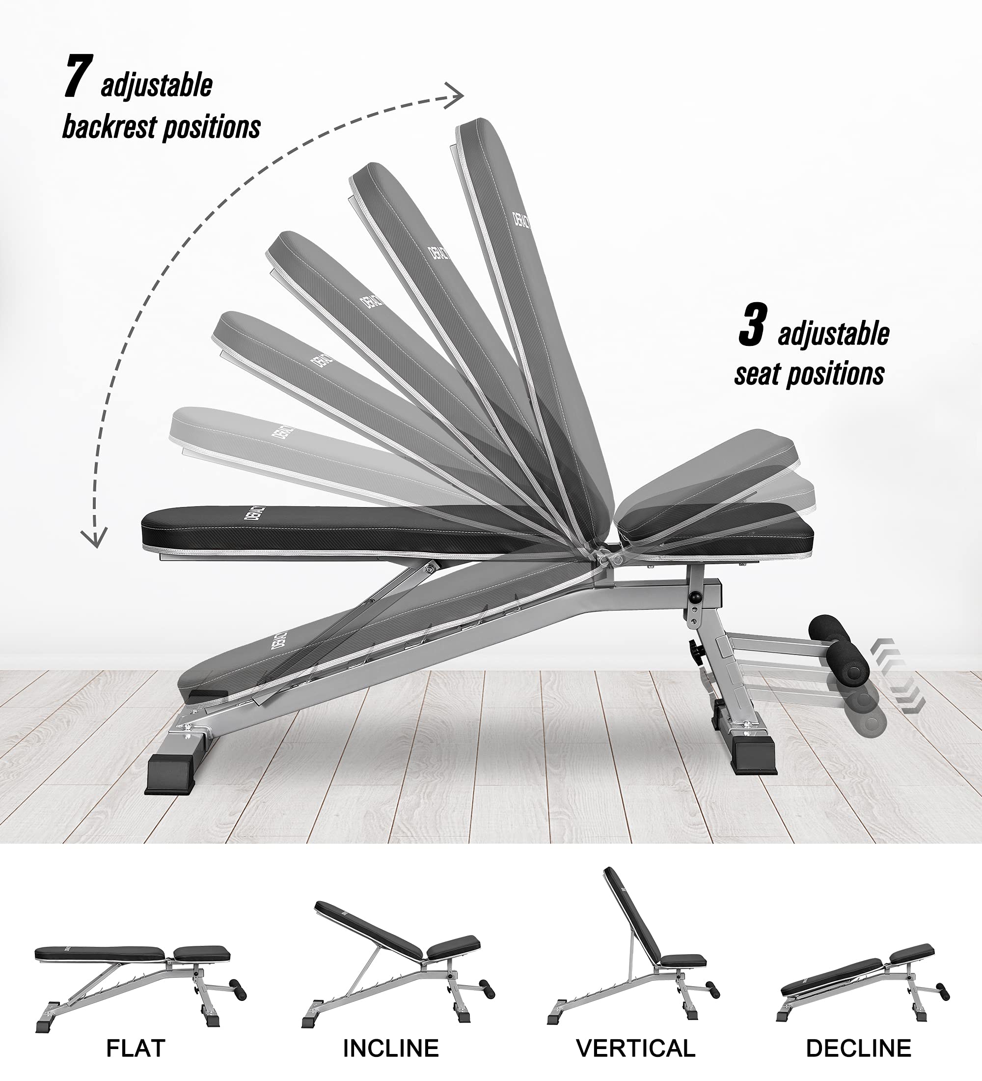 DERACY Adjustable Weight Bench for Full Body Workout, Incline and Decline Weight Bench for Indoor Workout, Home Gym, Enhanced Waist Pad