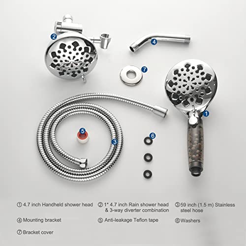 Fulgutonit Modern 9-Setting Shower Head with Handheld Combo, Polished Finish, Removes Chlorine and Harmful Substances